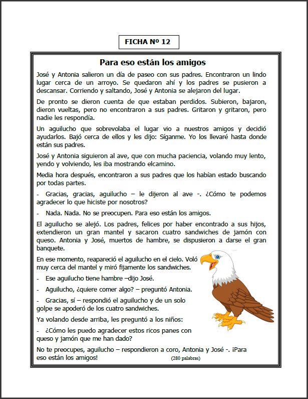 FICHAS PARA REFORZAR LA LECTURA 4° PRIMARIA