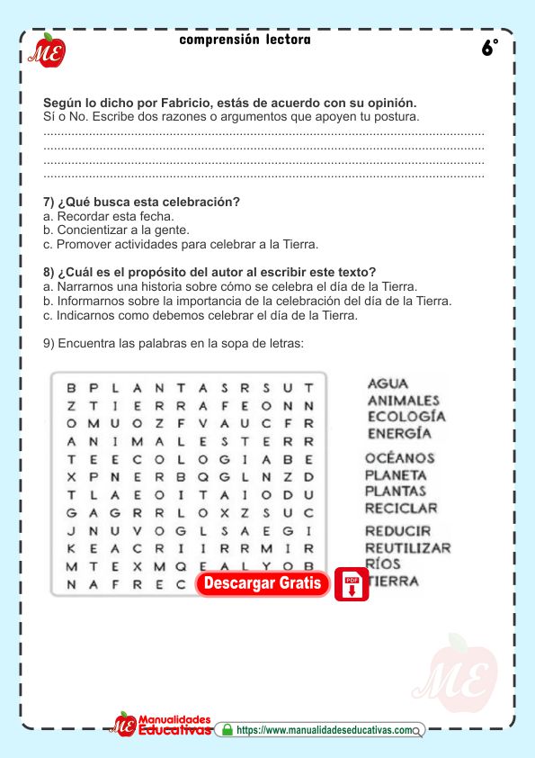 COMPRENSIÓN LECTORA DIA DE LA TIERRA PRIMARIA